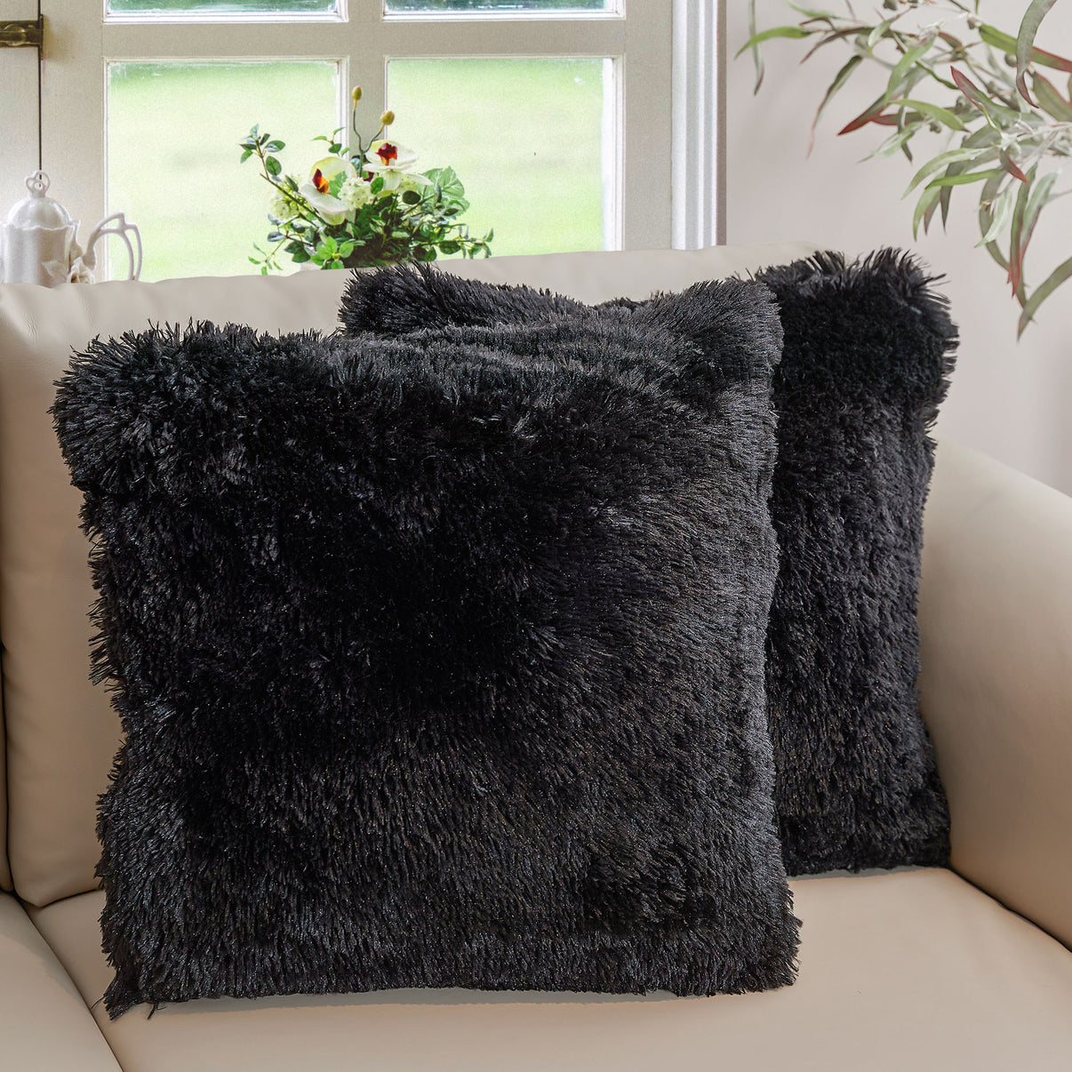 Cheer Collection Set of 2 Shaggy Long Hair Throw Pillows | Super Soft ...