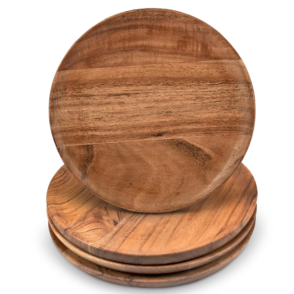 Cheer Collection Set of 4 Premium Acacia Wood Dinner Plates – Rustic E